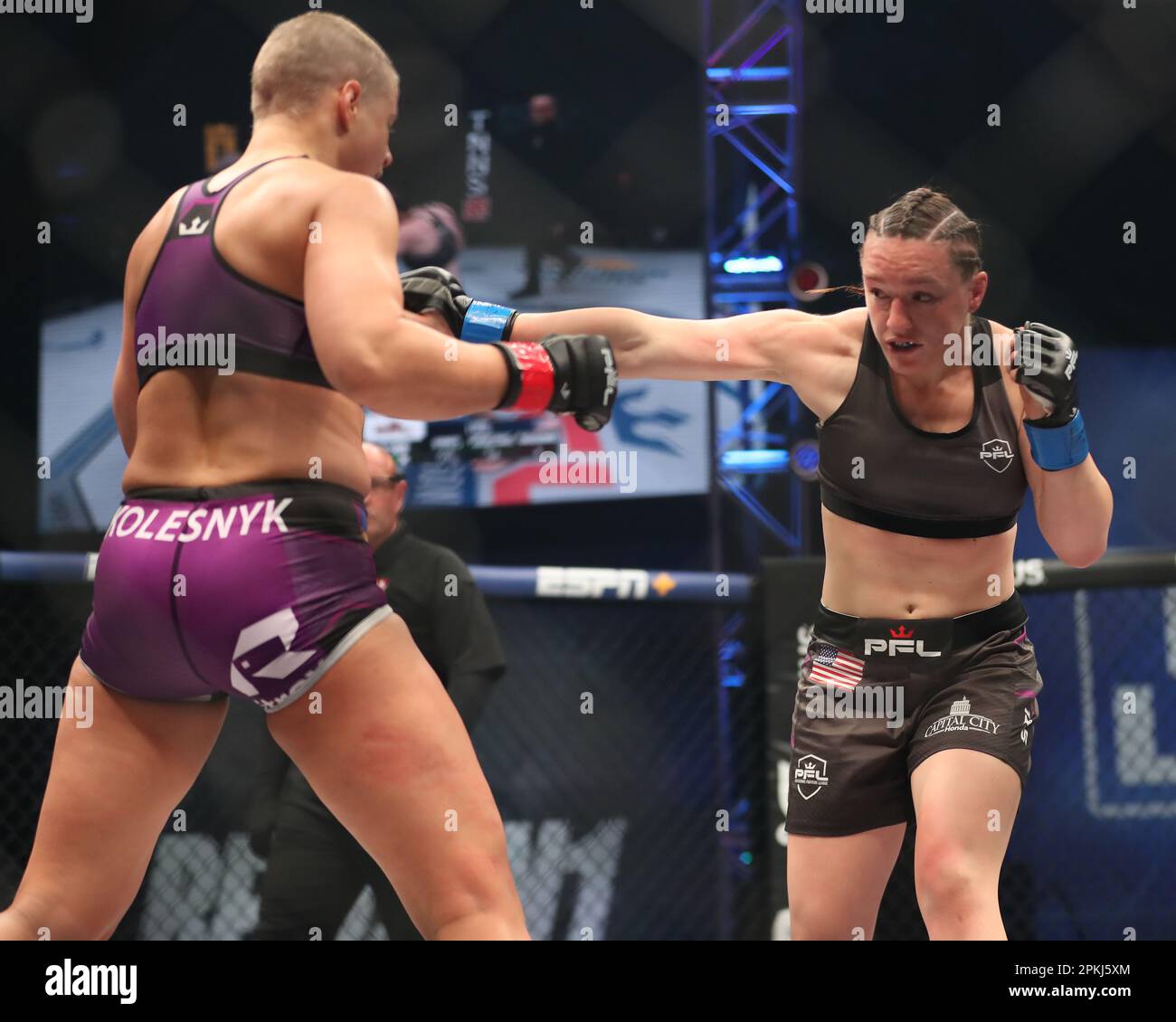 LAS VEGAS, NEVADA - APRIL 7: Olena Kolesnyk and Aspen Ladd meet in the octagon for their Women’s ...