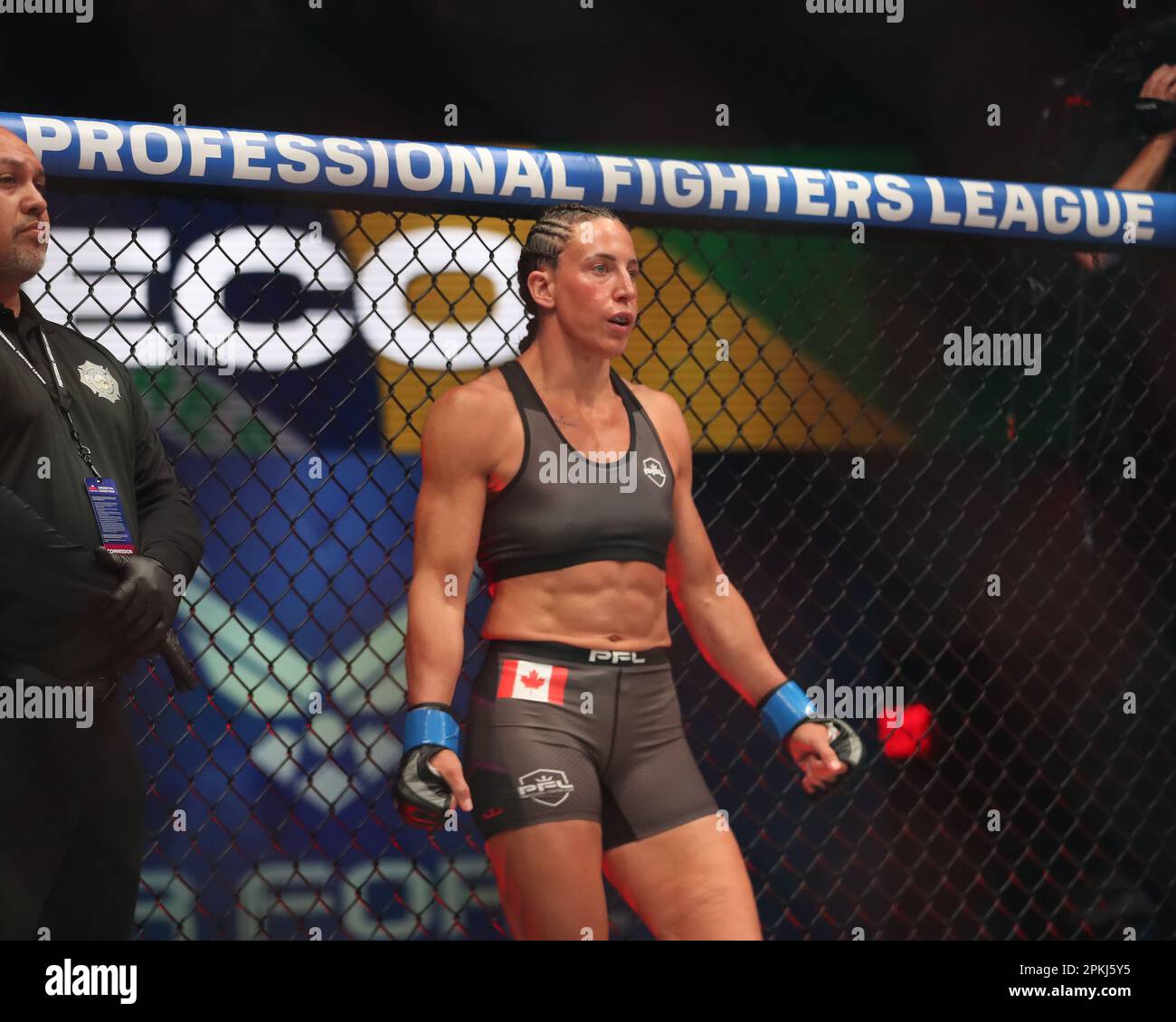 LAS VEGAS, NEVADA - APRIL 7: Larissa Pacheco and Julia Budd meet in the octagon for their Women ...