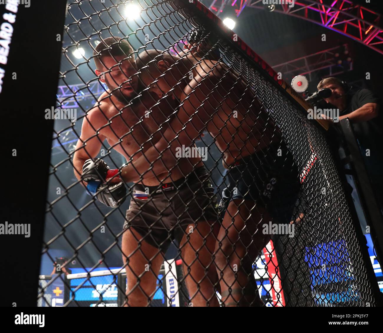 LAS VEGAS, NEVADA - APRIL 7: Renan Ferreira and Rizvan Kuniev meet in the octagon for their ...