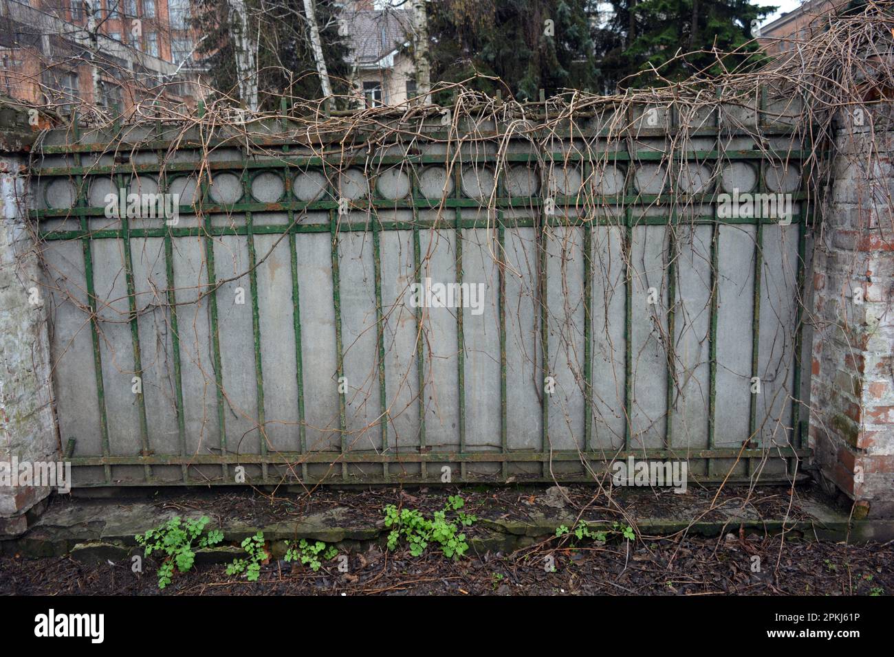 An old forged, metal fence with peaks, pins, rings from Soviet times ...