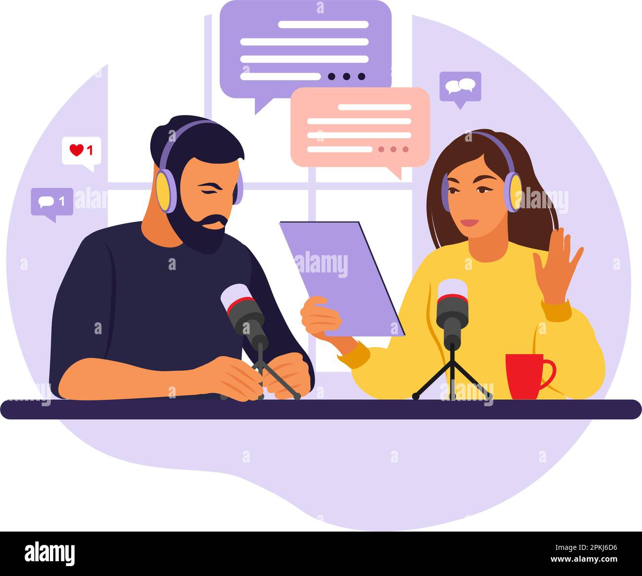 Podcaster talking to microphone recording podcast in studio. Radio host ...