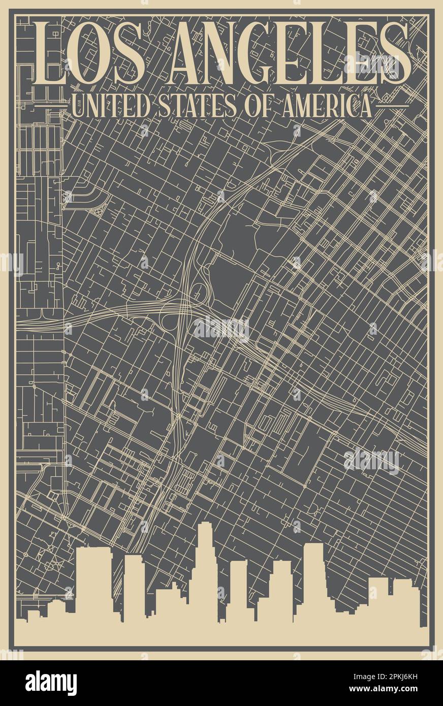 Road network poster of the downtown LOS ANGELES, UNITED STATES OF ...