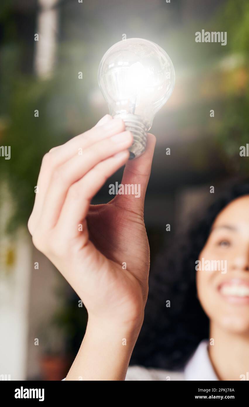 Light bulb, ideas and woman with inspiration, thinking and clean energy ...