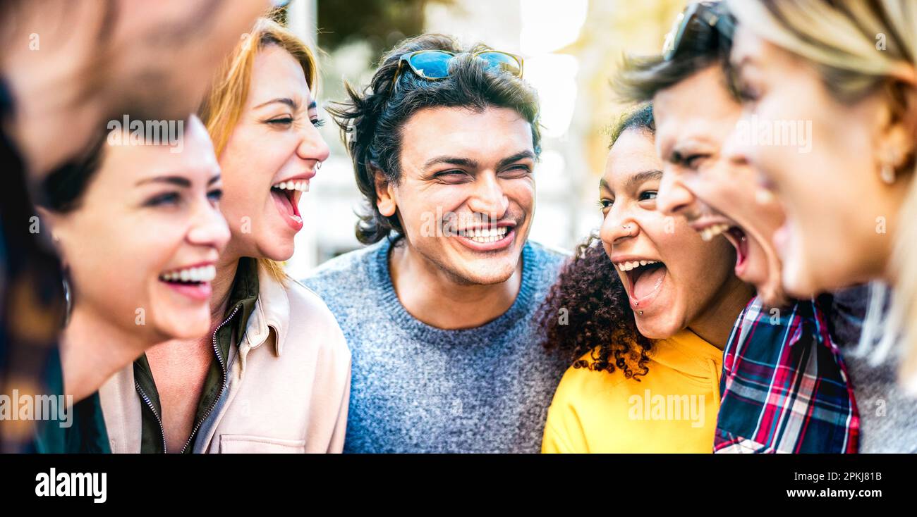 Trendy Friends Cheering Together Out Side On Genuine Life Style Concept Young Guys And Girls