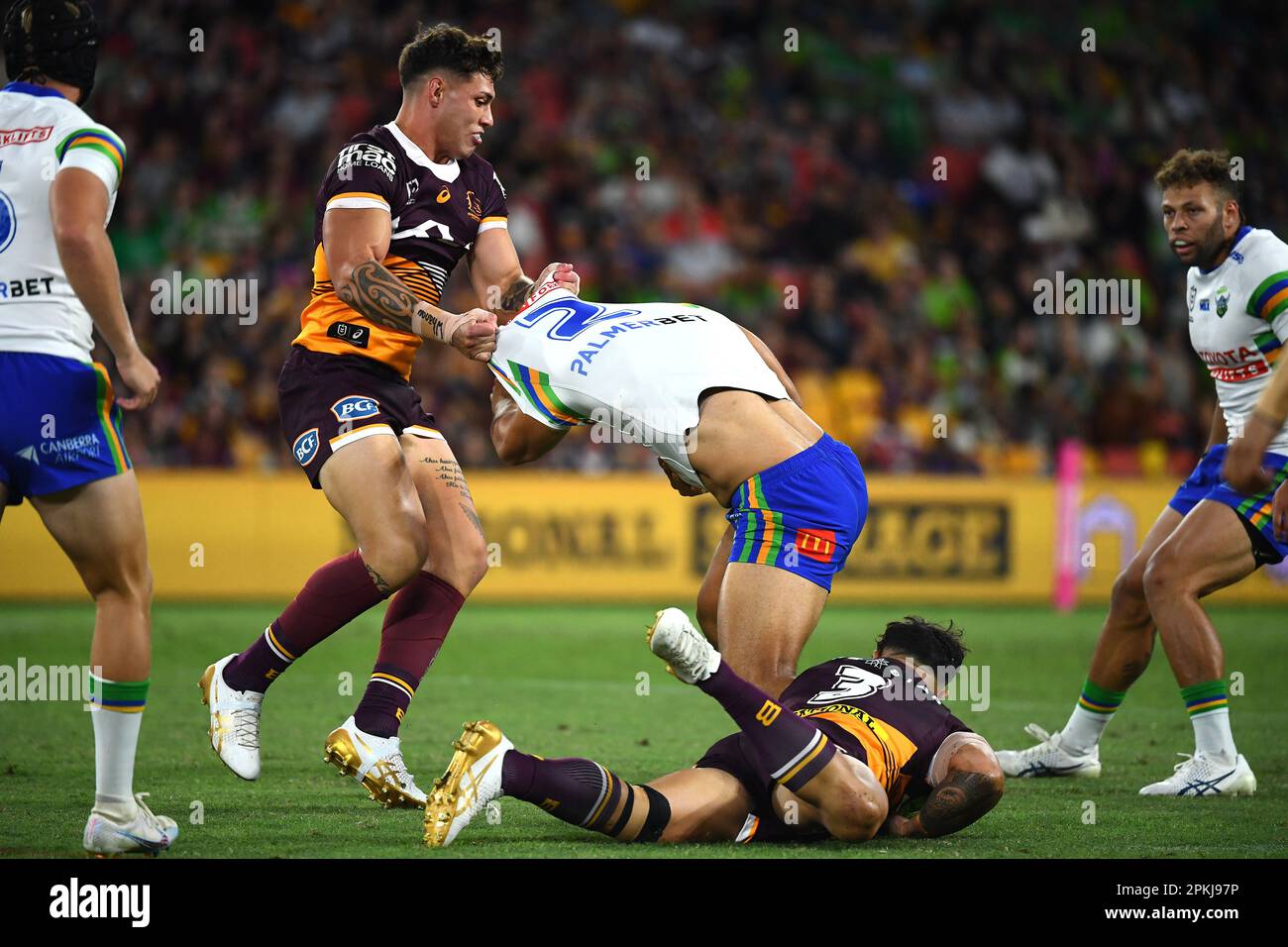Jordan Riki of the Broncos makes a tackle during the NRL Round 6 match ...