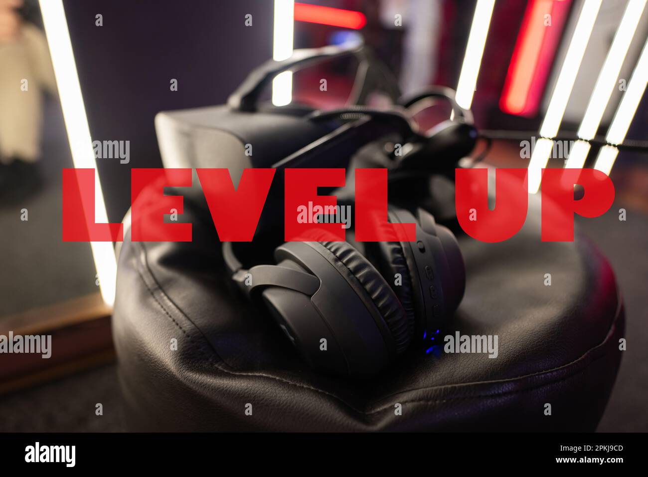 Level up concept. Professional headphones with microphone and vr ...