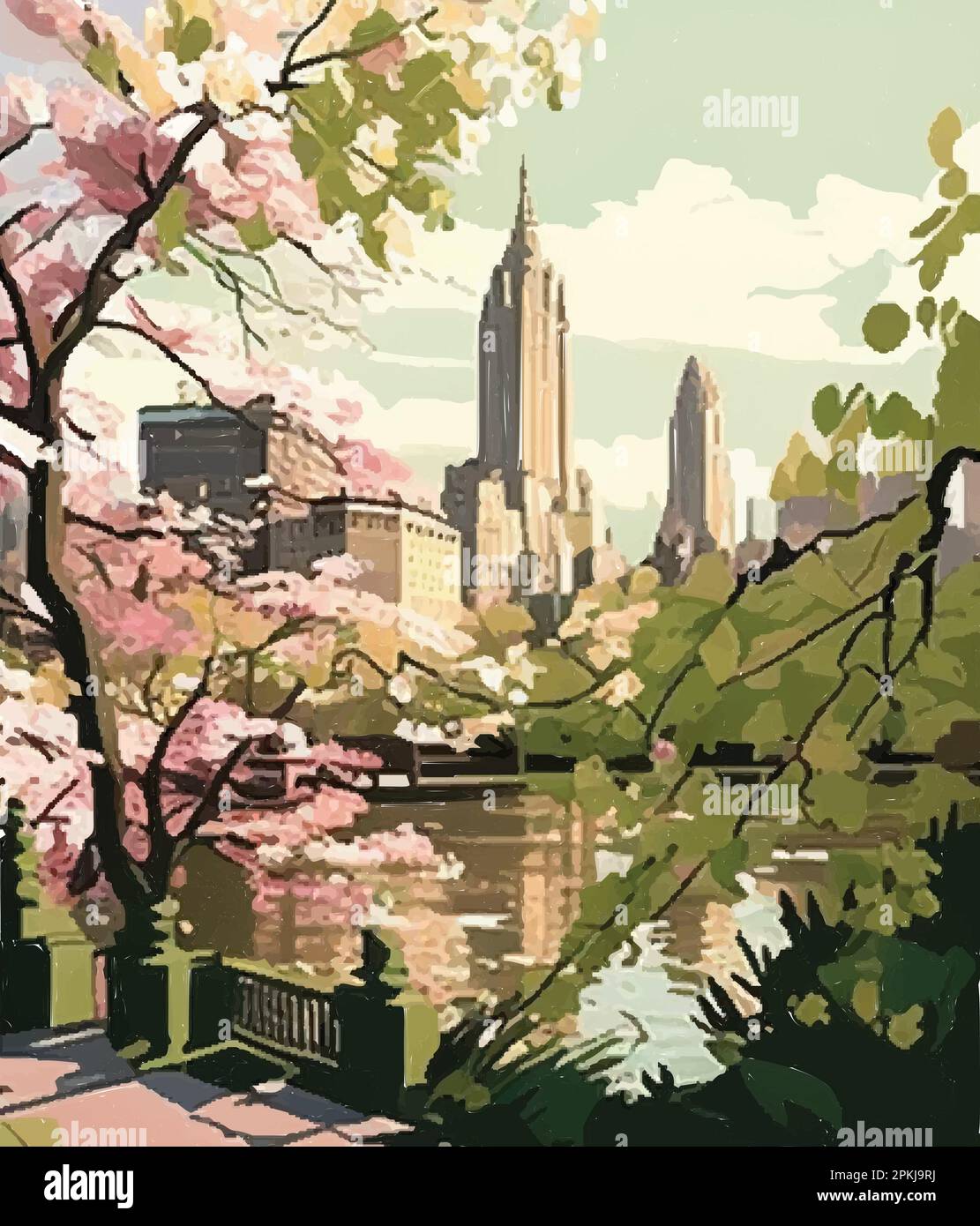 Spring in Manhattan vector landscape illustration, background Stock ...