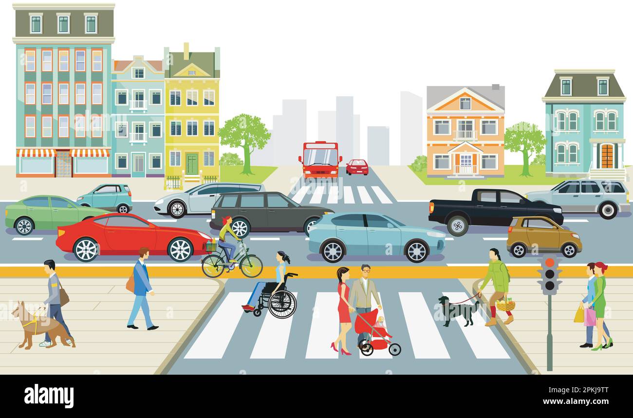 City silhouette with people on crosswalk, people in residential area ...
