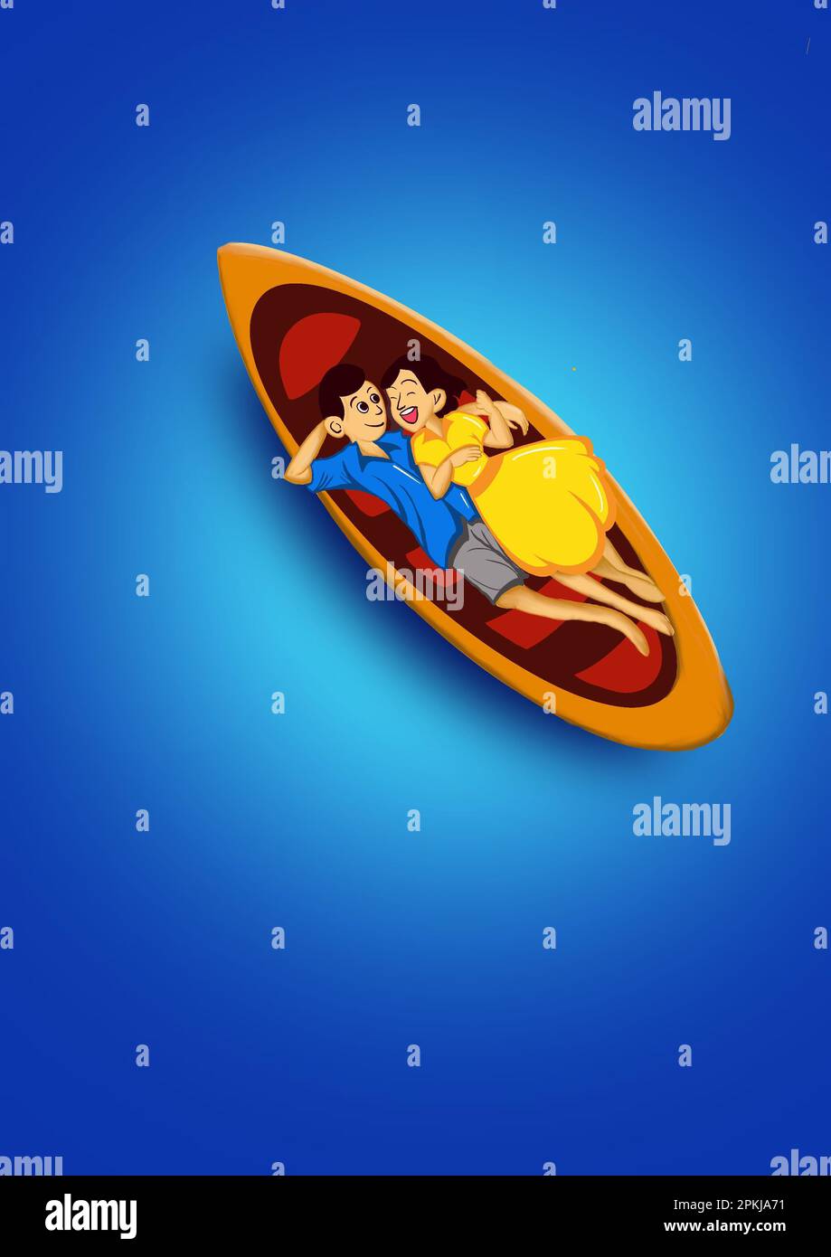 An illustration of a young couple laying in a canoe Stock Photo - Alamy