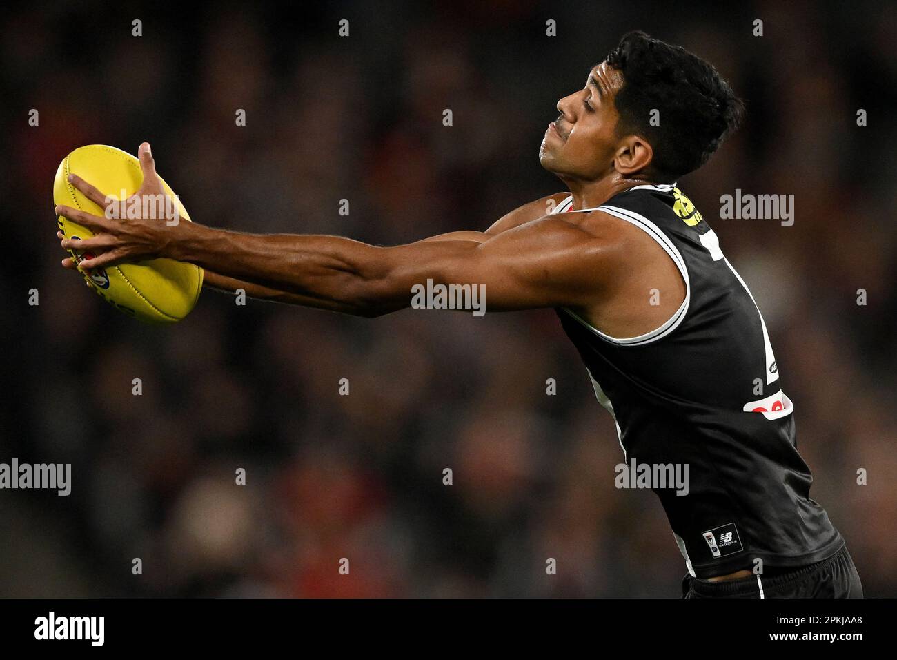 Nasiah Wanganeen-Milera of the Saints reaches for the ball during the AFL Round 4 match between ...