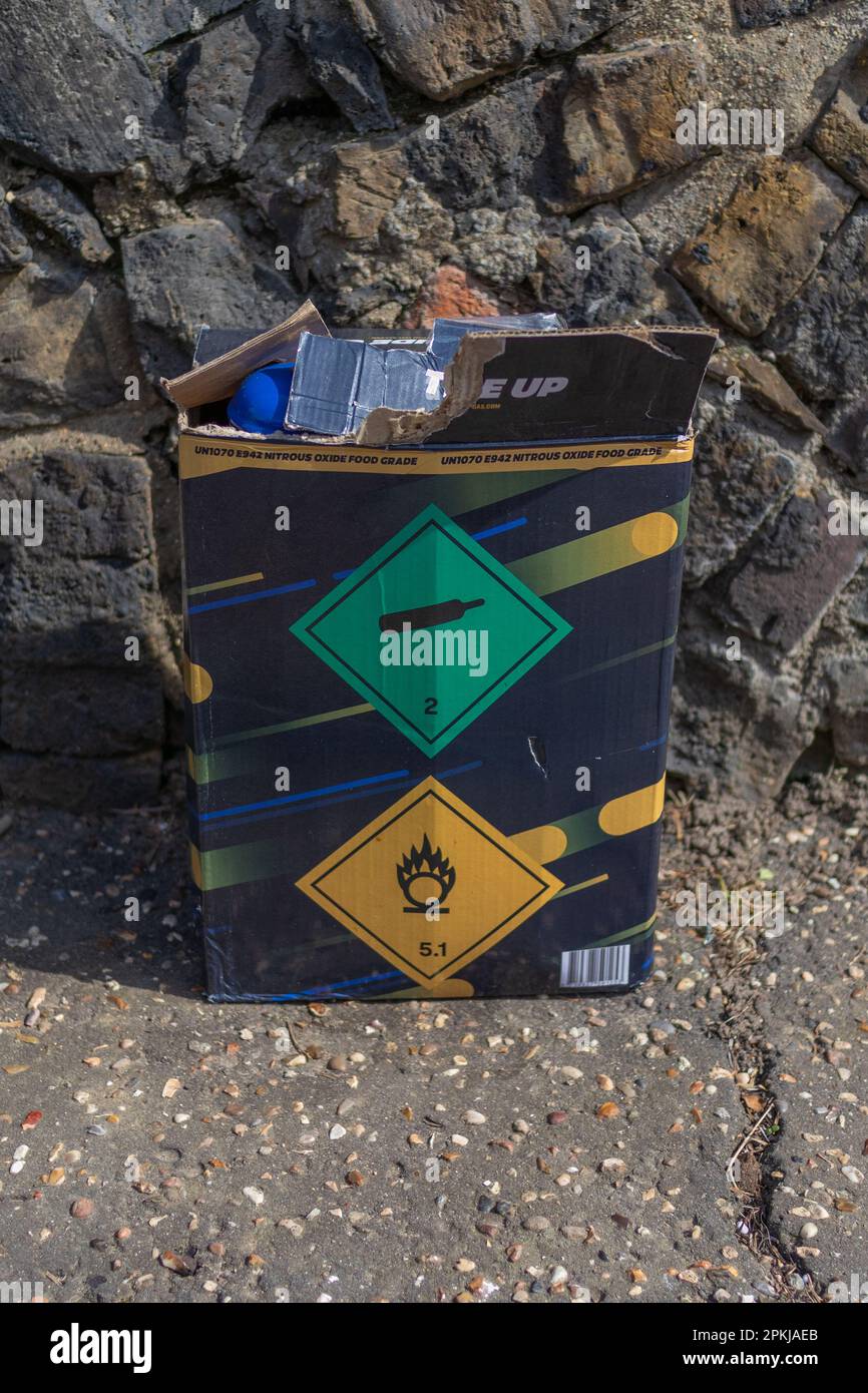 Empty nitrous oxide cylinders in packaging box, nitrous oxide, on a ...