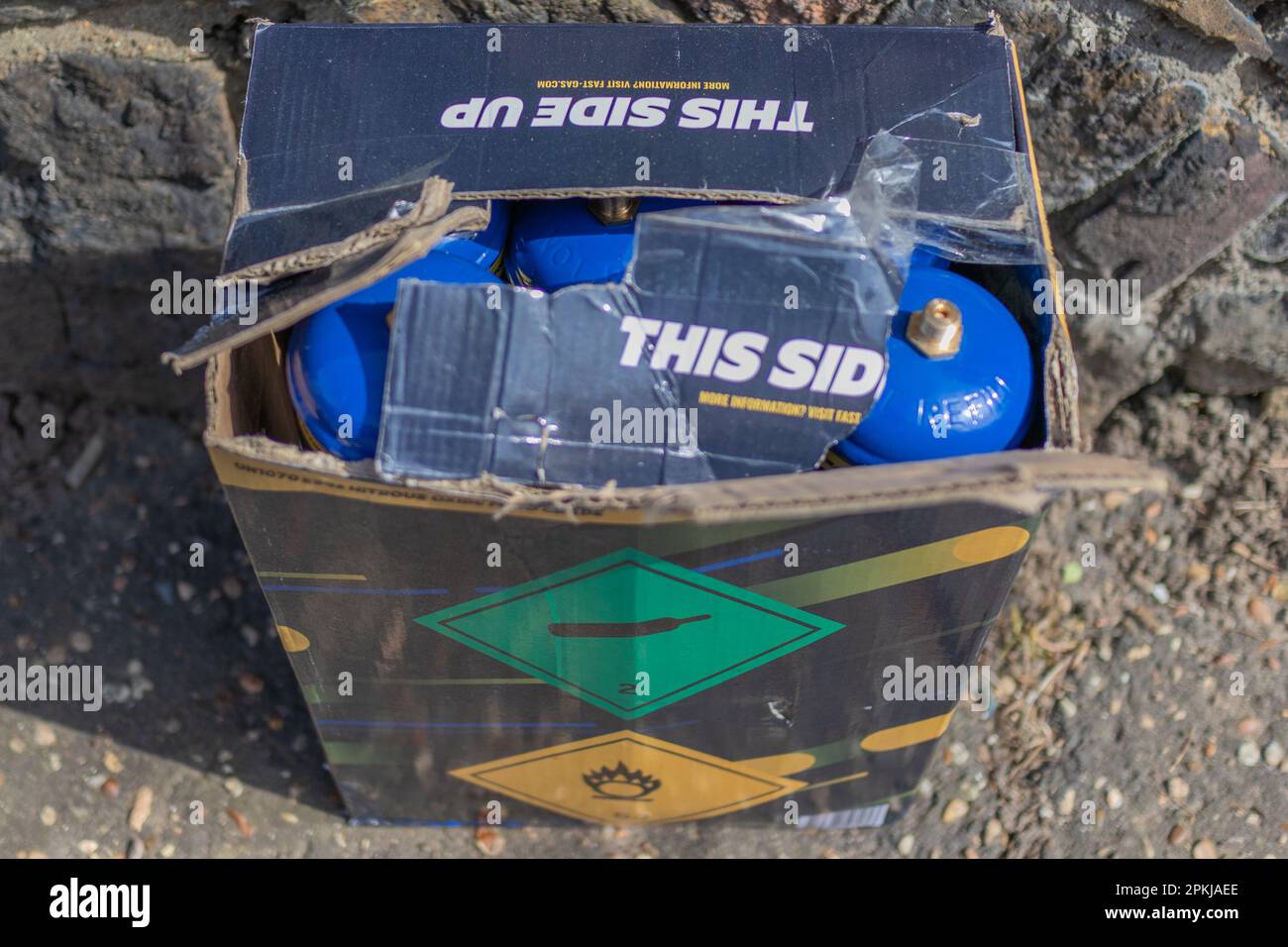 Empty nitrous oxide cylinders in packaging box, nitrous oxide, on a ...