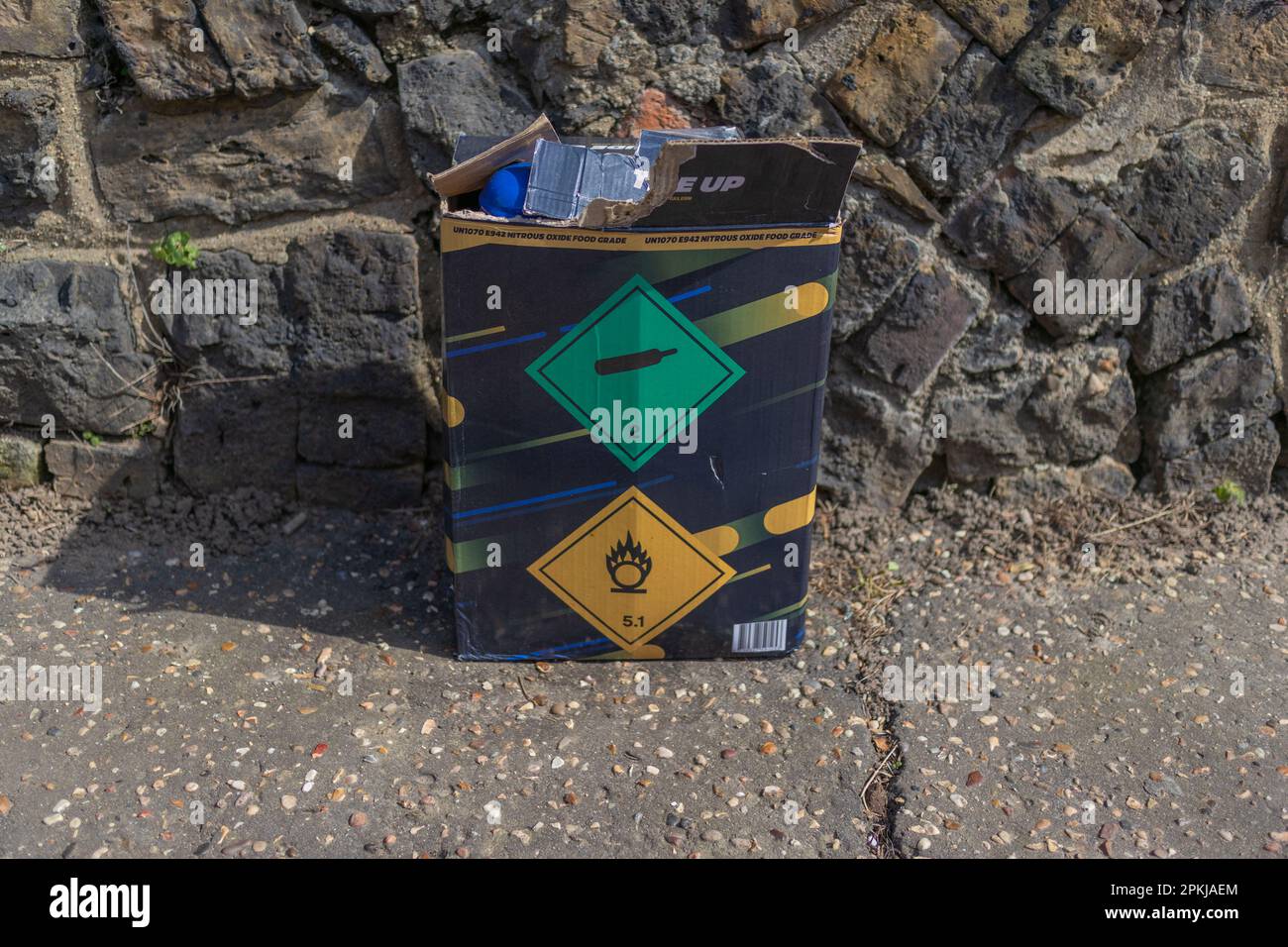 Empty nitrous oxide cylinders in packaging box, nitrous oxide, on a ...