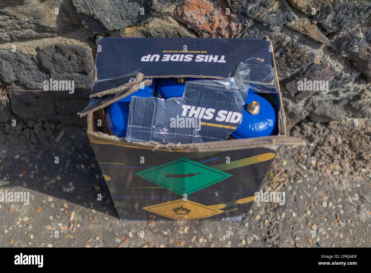 Empty nitrous oxide cylinders in packaging box, nitrous oxide, on a ...