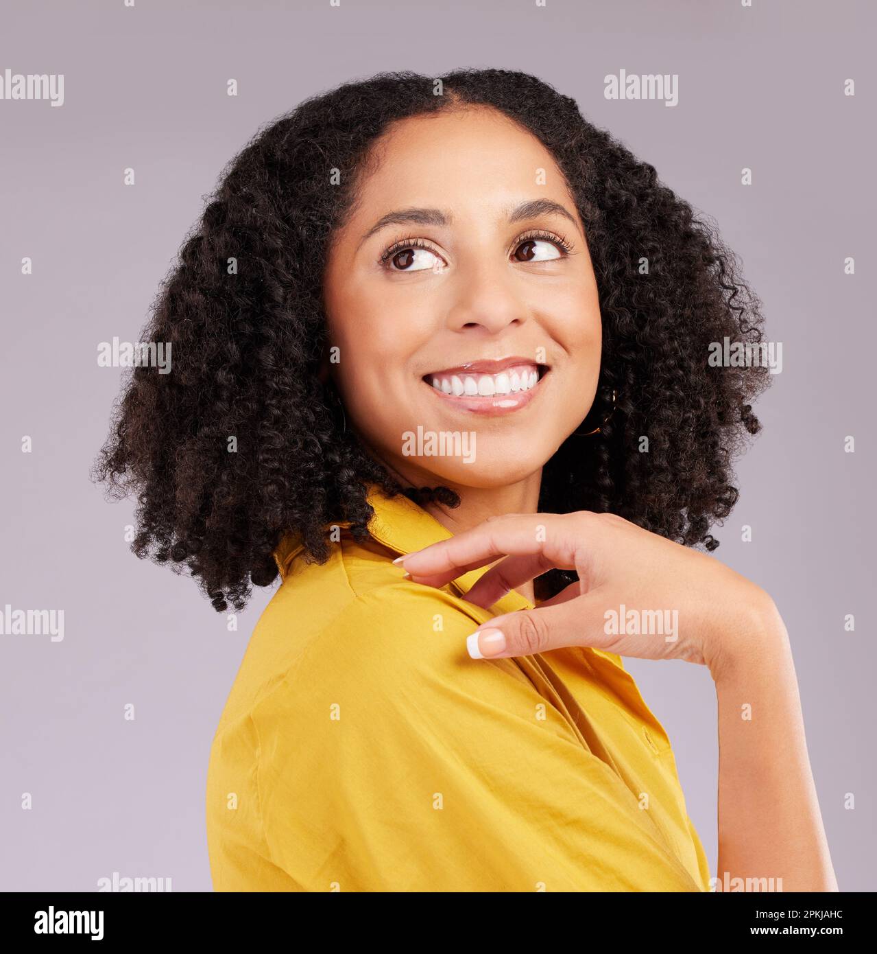 Woman, smile and thinking face in studio, background and backdrop for ...