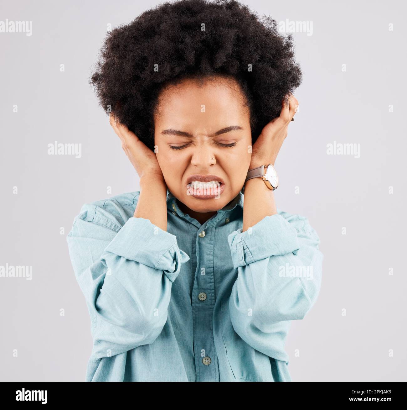 Blocking ears, headache and woman face with stress and burnout feeling ...