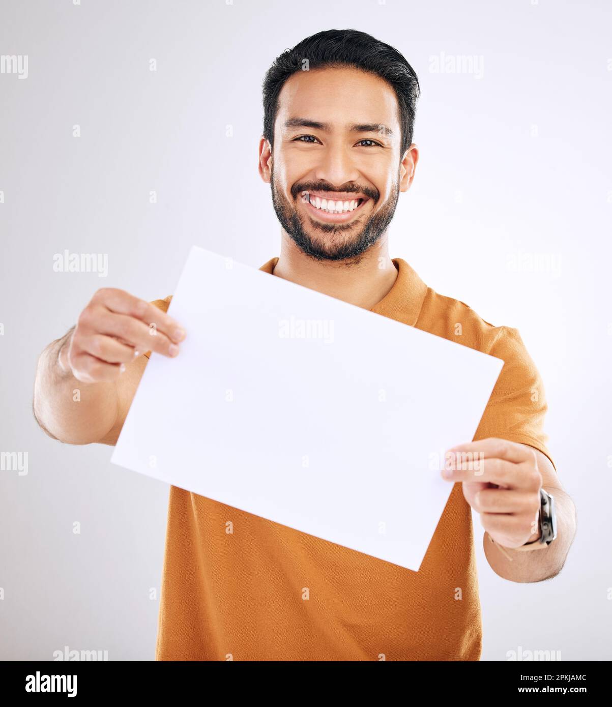 Studio billboard, portrait mockup and happy man with marketing placard ...