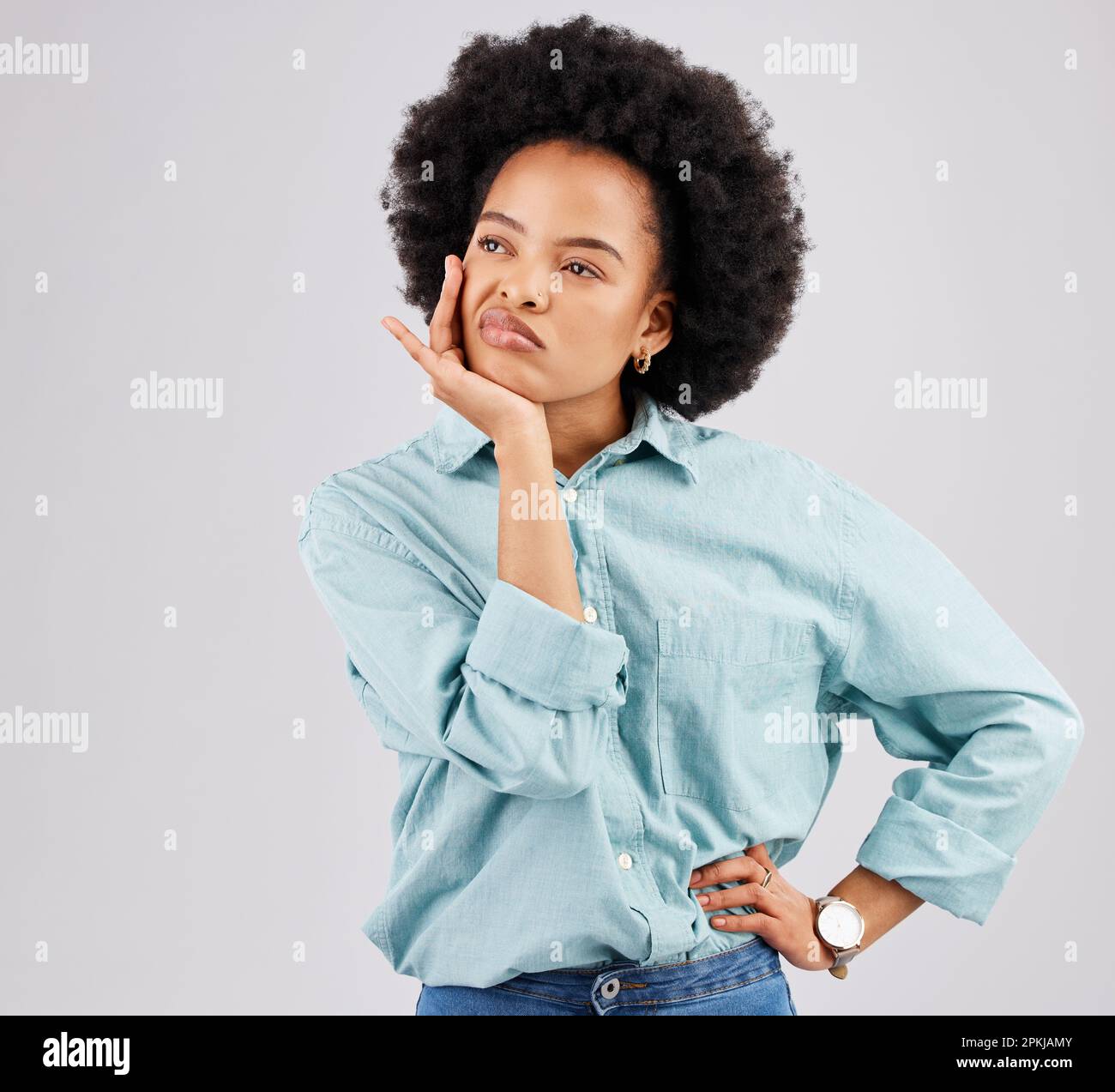 Bored, confused and a thinking black woman with a decision isolated on ...