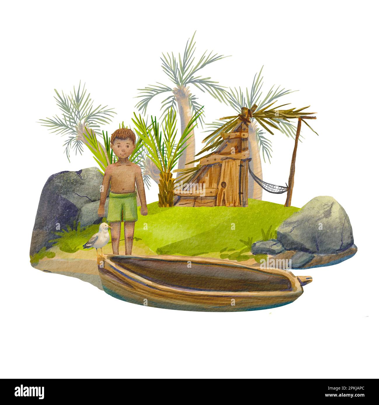 The boy on the desert island. A watercolor illustration of the tropical ...