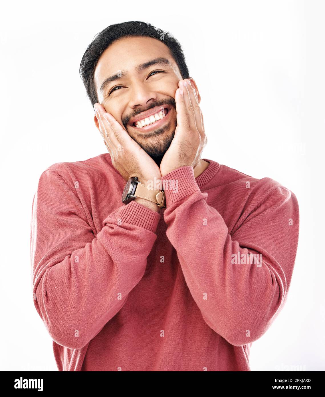 Face, shy and in love with a man in studio isolated on a white ...