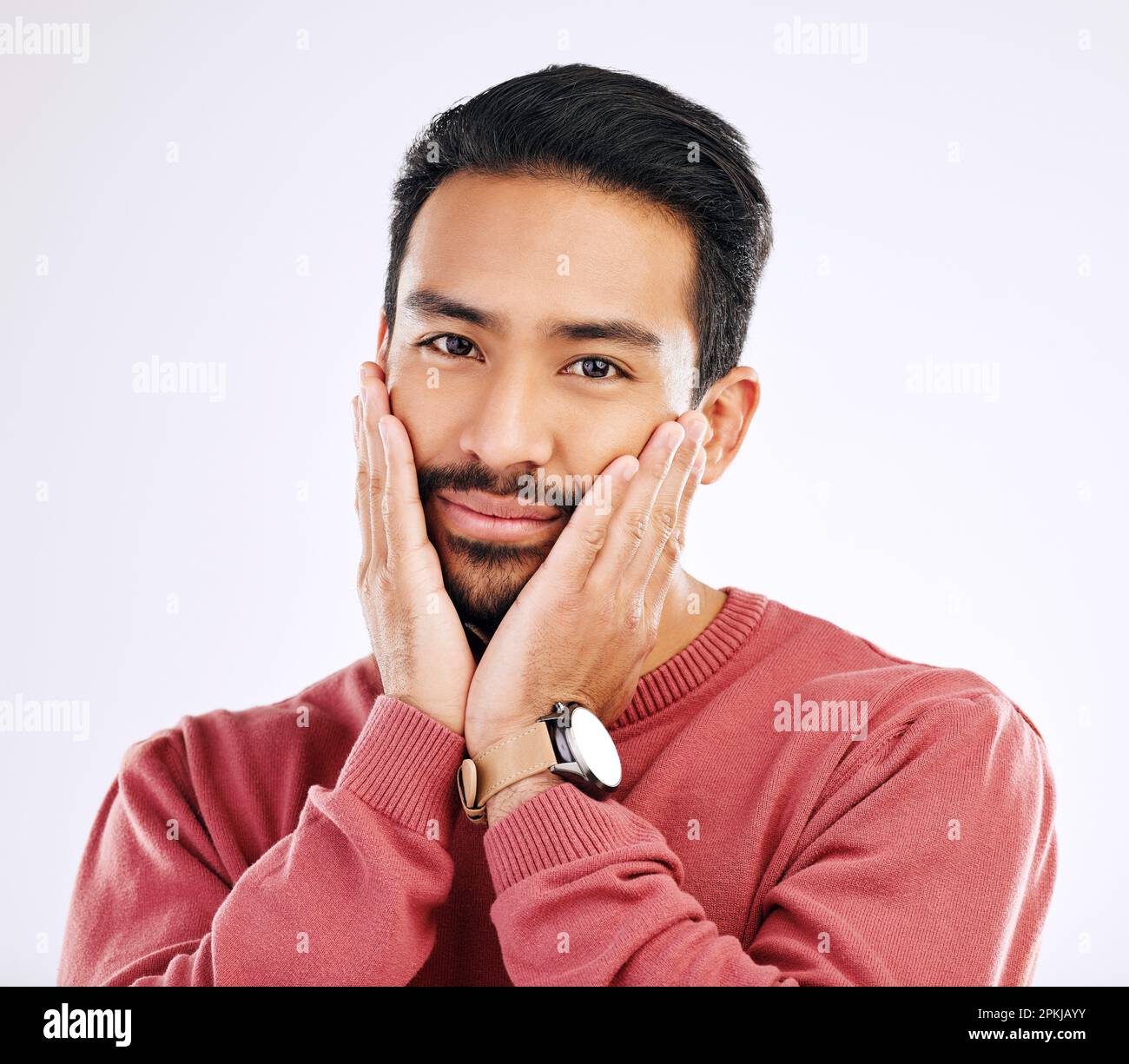 Portrait, shy and in love with a man in studio isolated on a white ...