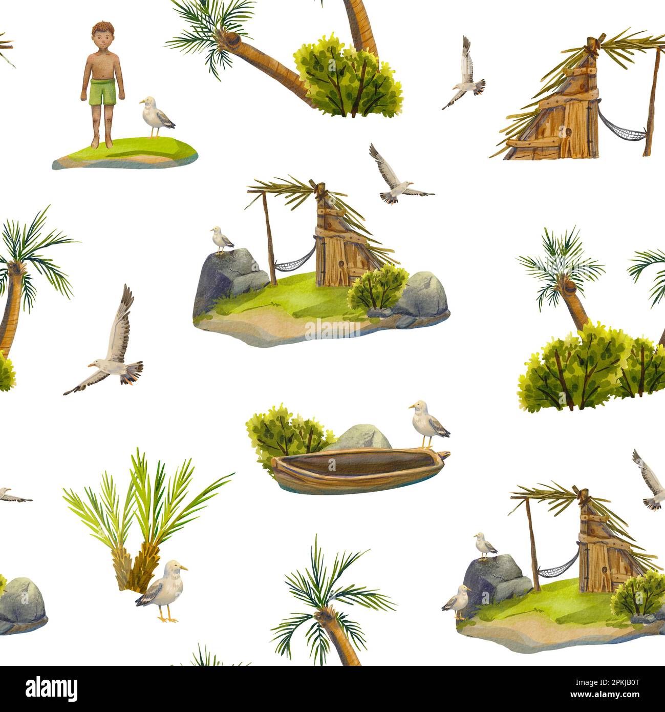 The pattern is seamless with an island and seagulls. Watercolor ...