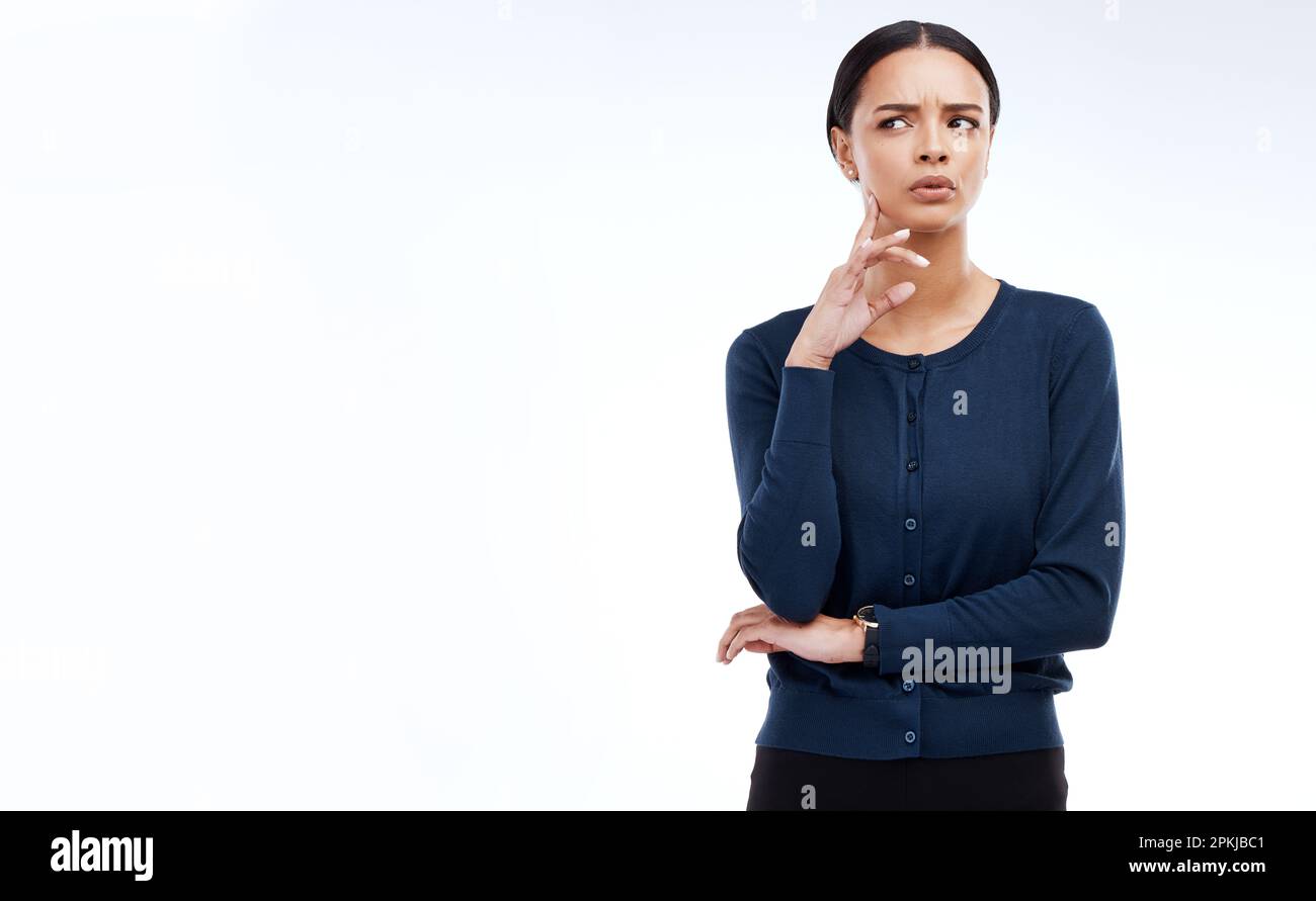 Thinking, studio mockup or woman contemplating decision, problem ...