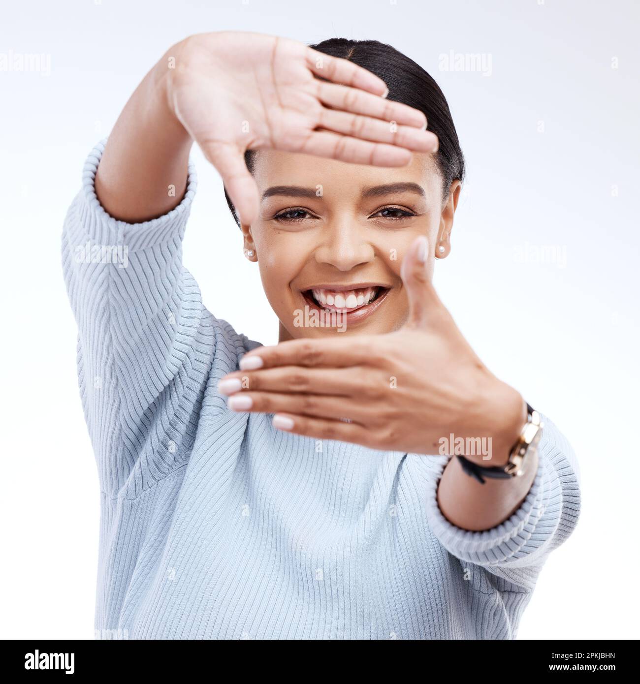 Frame face, hands and portrait of woman on white background for beauty ...