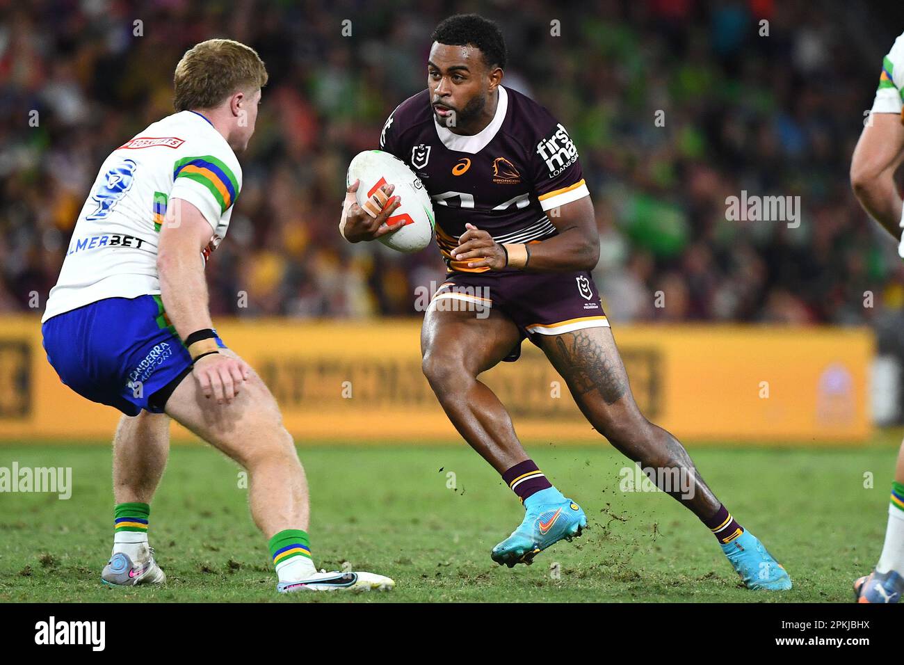 Ezra Mam of the Broncos makes a run during the NRL Round 6 match ...