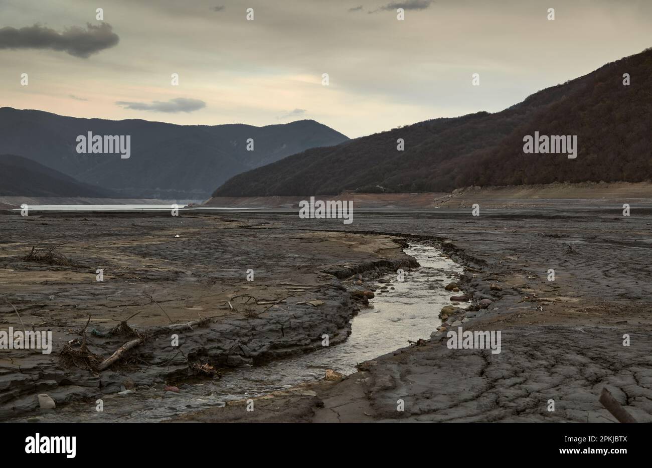 View of the river valley, which began to dry up, the drying mud is ...