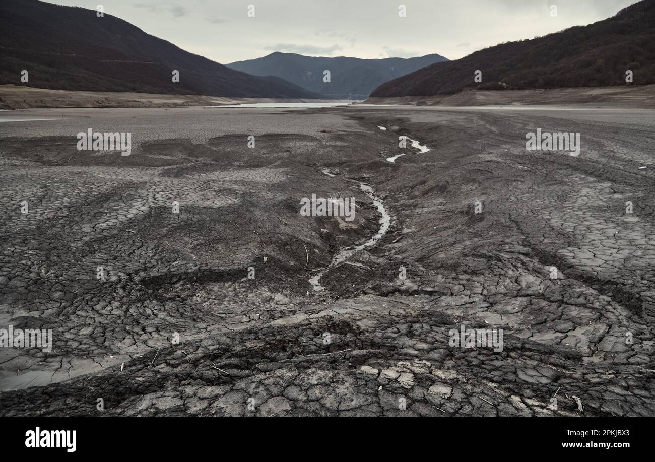 View of the river valley, which began to dry up, the drying mud is ...