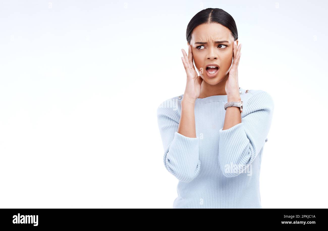 Shock, confused and face of woman upset with hands on head for ...