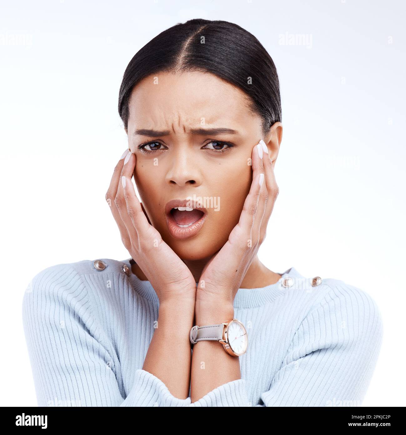 Shock, confused and portrait of woman with hands on head for gossip ...