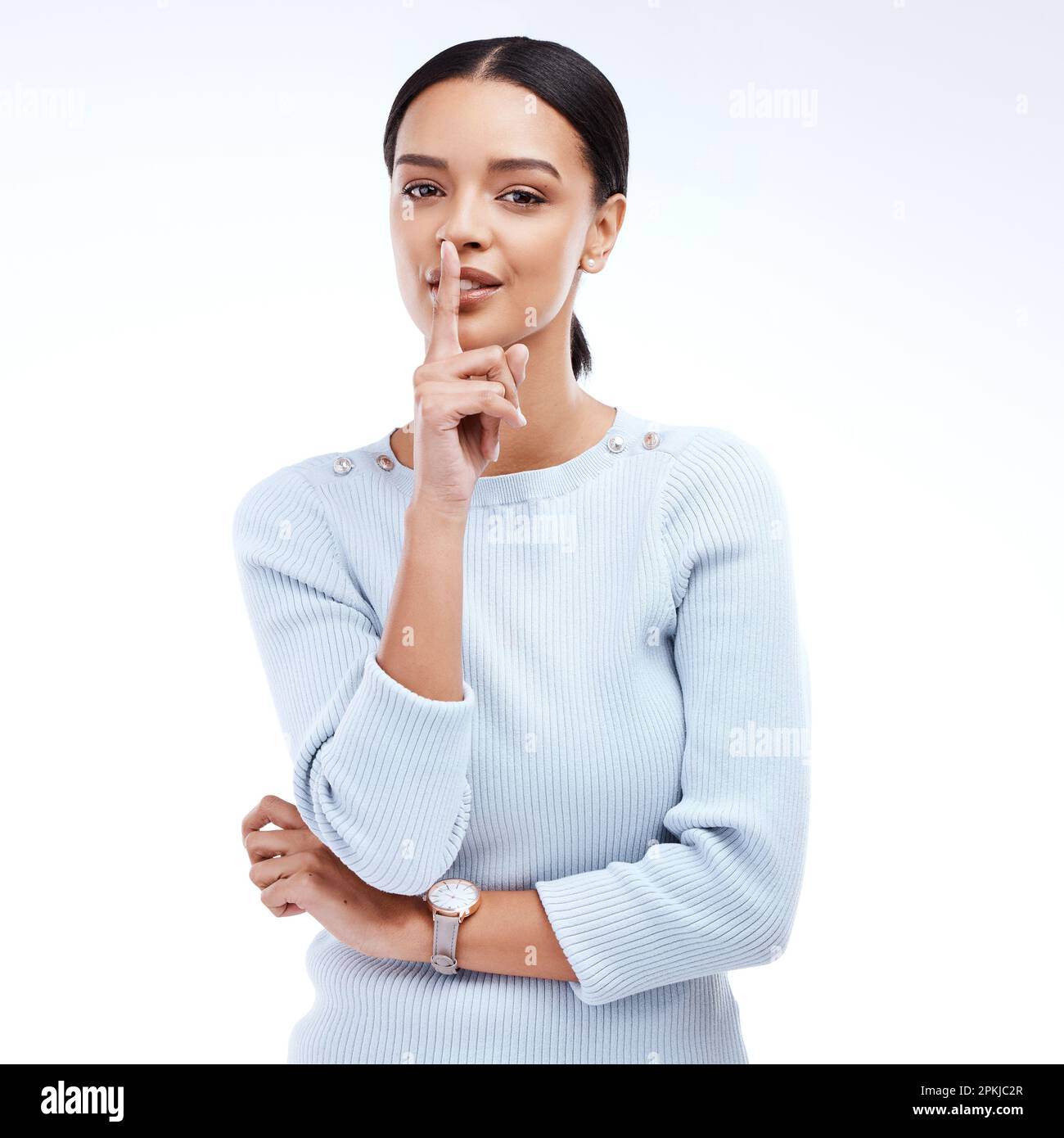 Woman, secret and portrait in a studio with gossip, confidential news ...