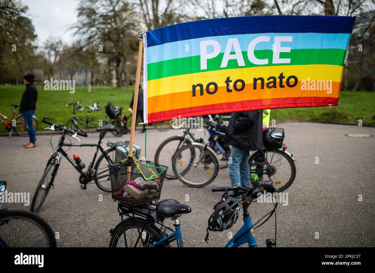 Stuttgart, Germany. 08th Apr, 2023. "Pace - no to Nato" is written on a ...