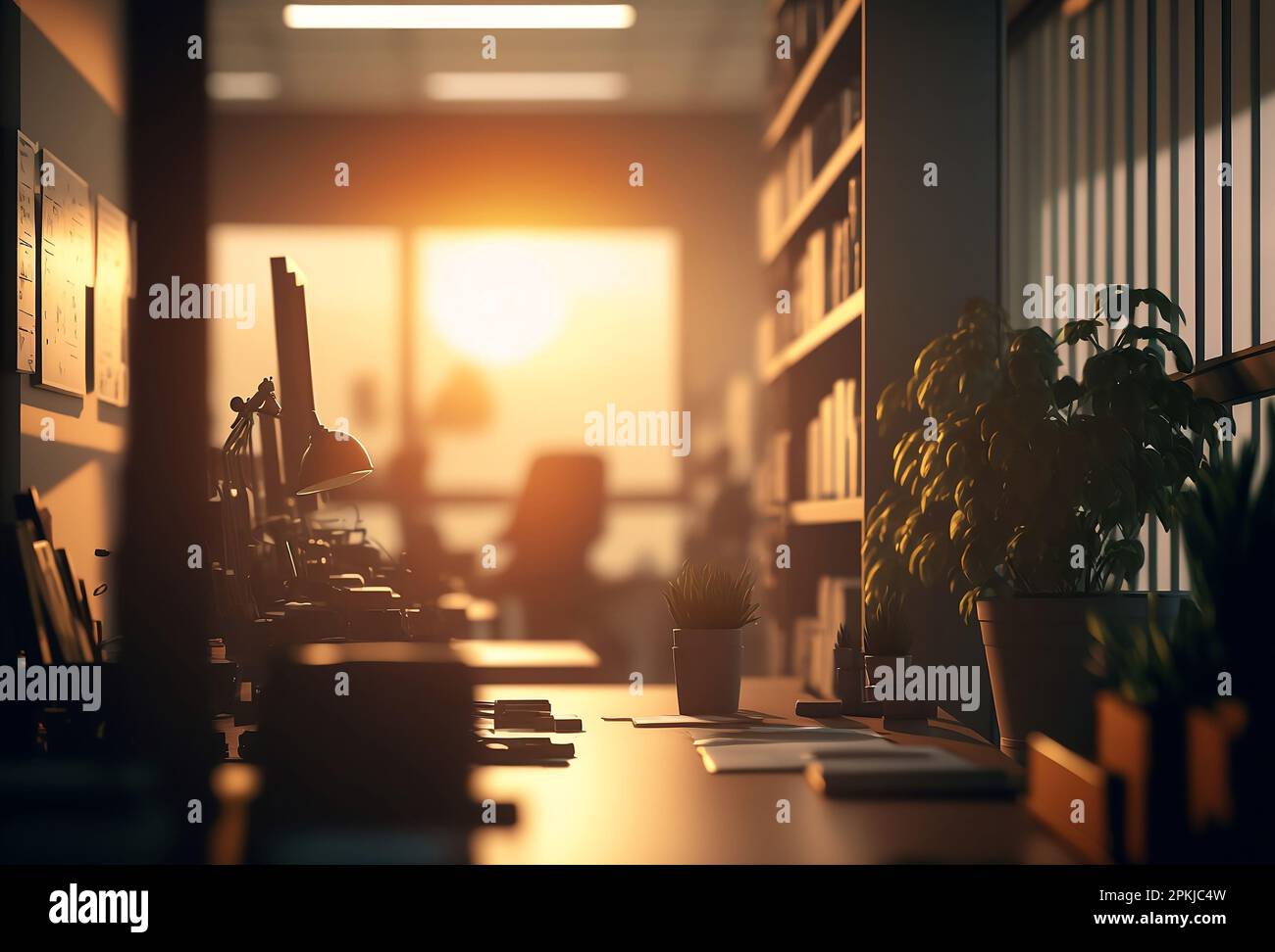 Sun Streaming In Office Through Windows During Sunset. empty office ...