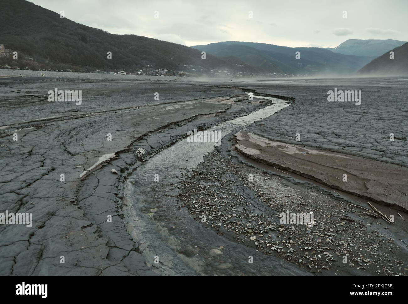 View of the river valley, which began to dry up, the drying mud is ...