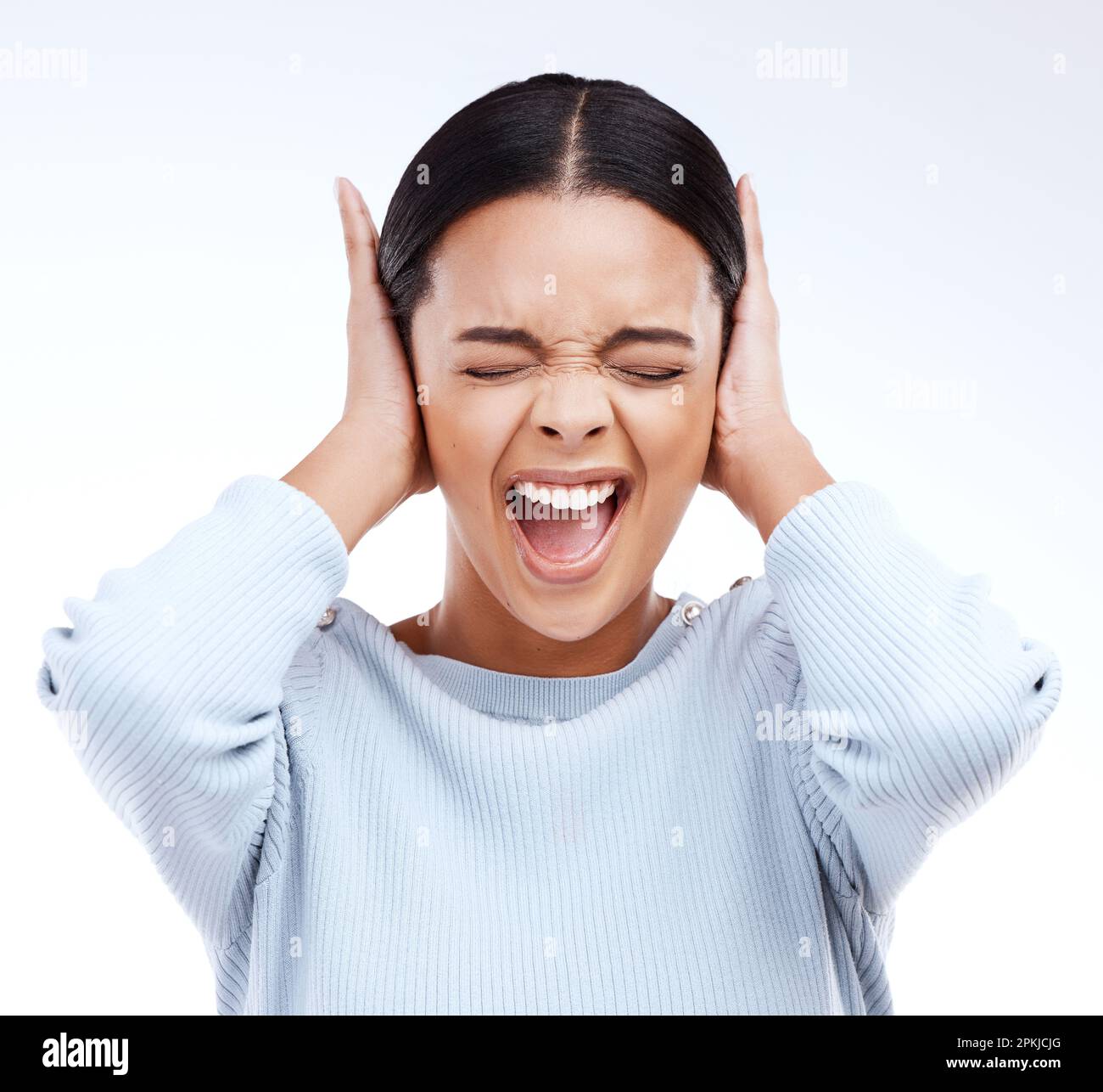 Shouting, woman and hands on ears for noise, silence or denial gesture ...