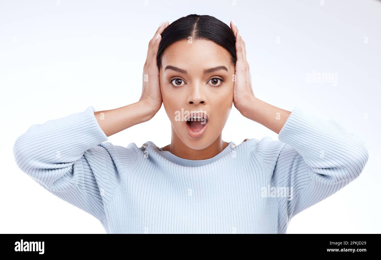 Wow, portrait and woman in studio mind blown, surprised and shocked on ...