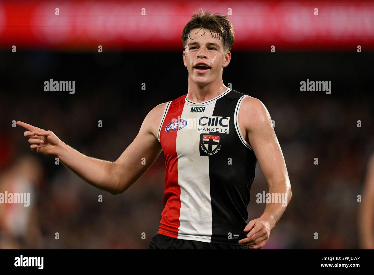 Mattaes Phillipou of the Saints celebrates a goal during the AFL Round ...