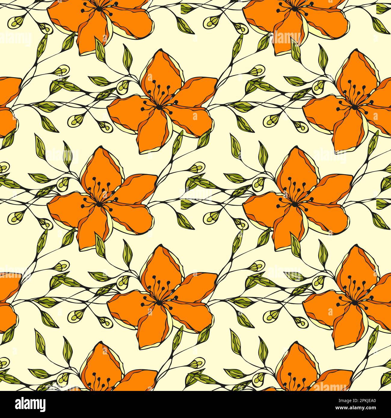 Pattern orange flowers hand drawn doodle. Vector illustration Stock ...