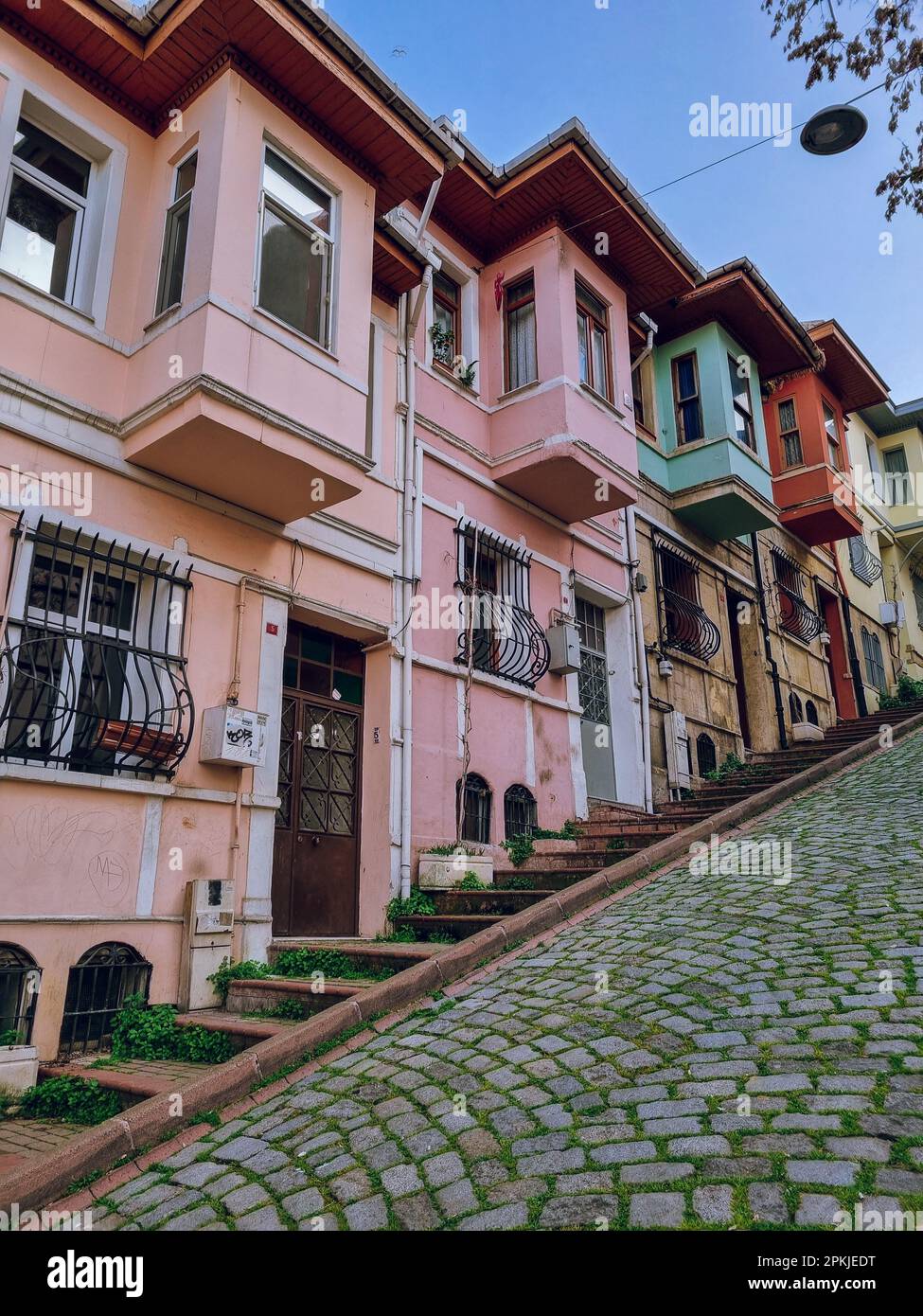 The colorful houses of Balat with laundry, Fatih, Istanbul Stock Photo ...
