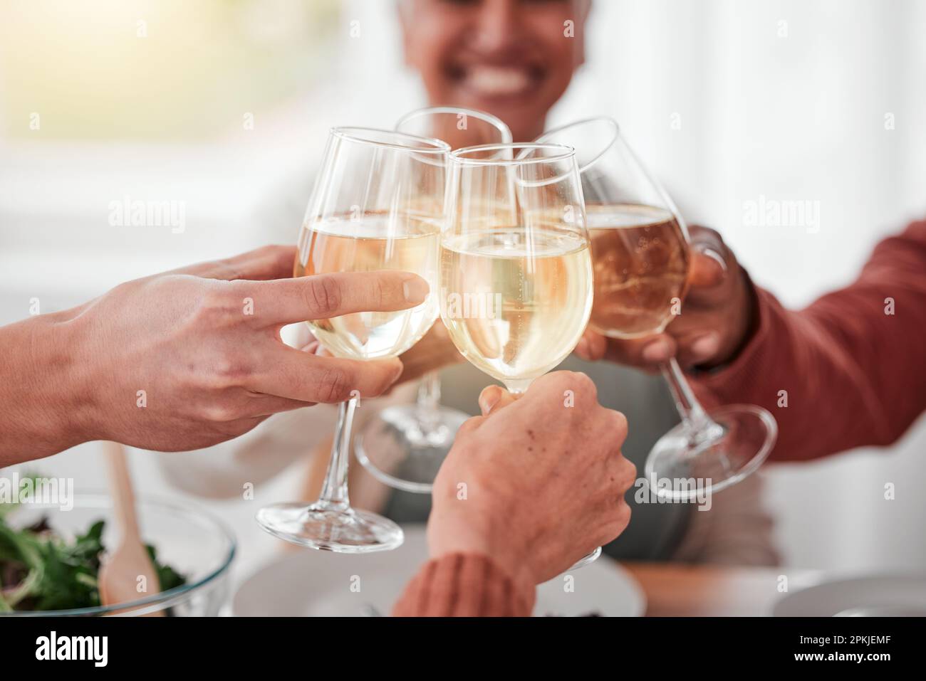 People, hands and cheers for happy dinner, fine dining or celebration ...