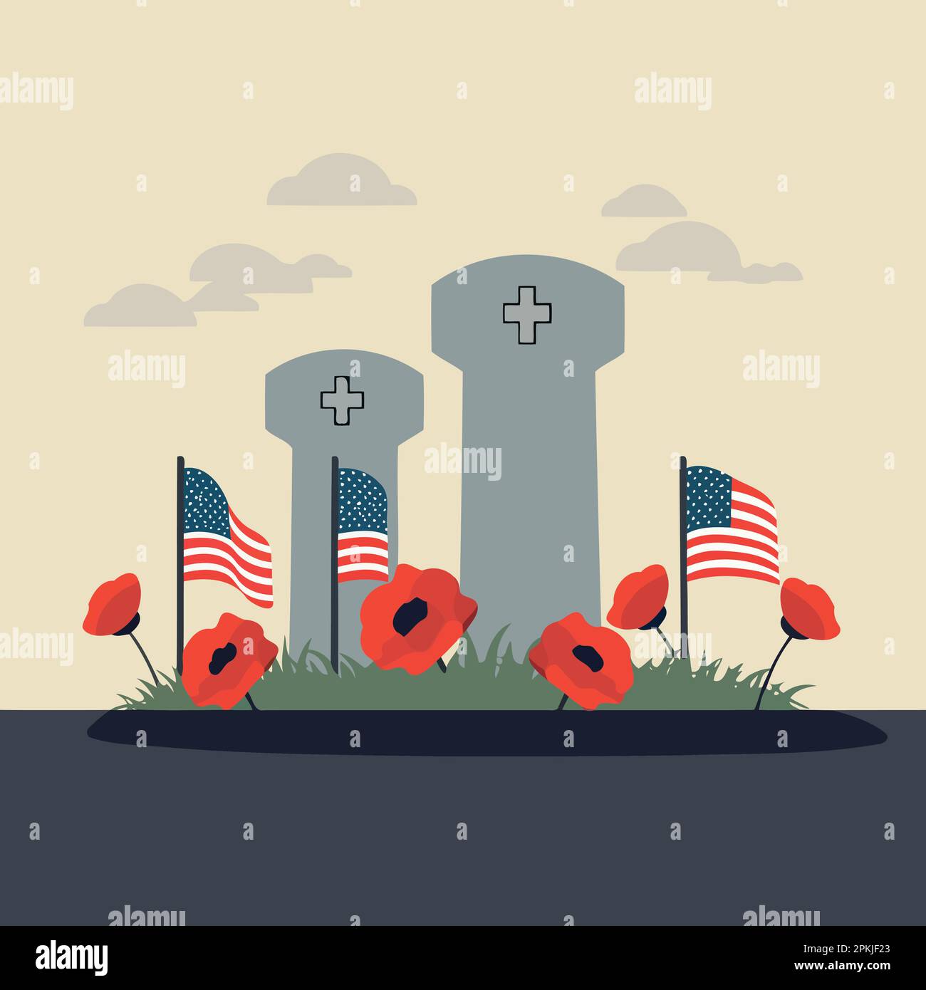 grave in cemetery with red flowers and flag of the united states ...