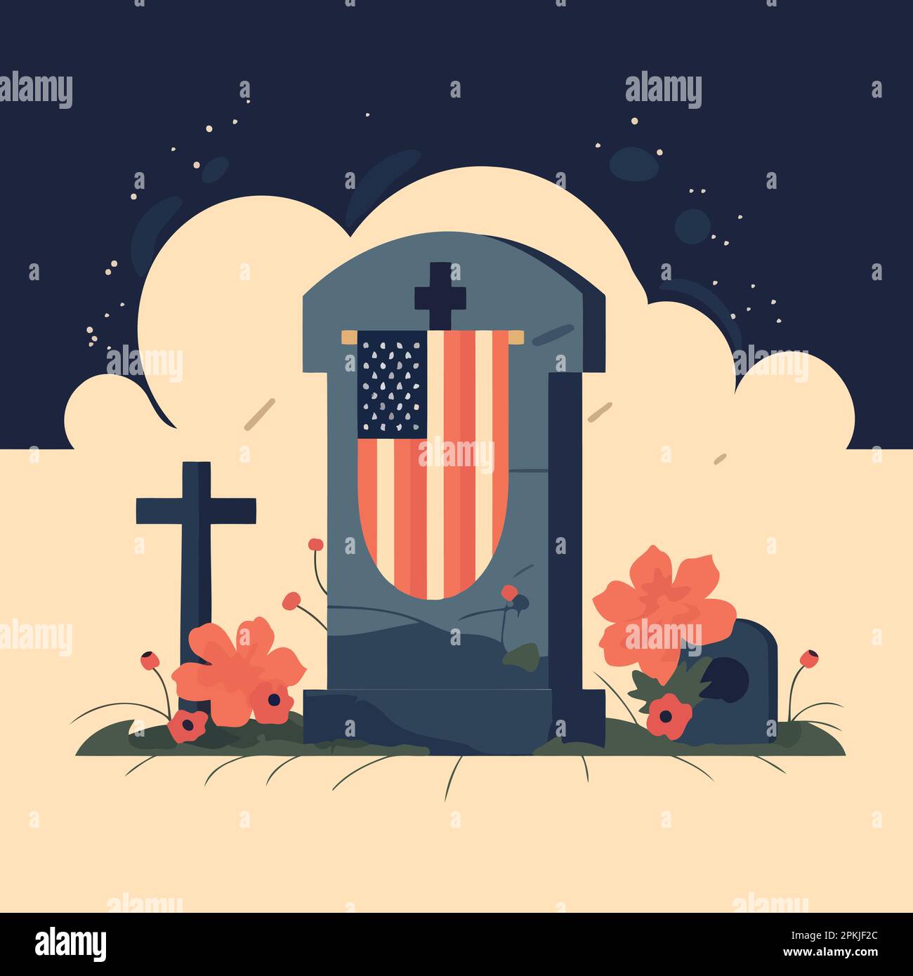 grave in cemetery with red flowers and flag of the united states ...