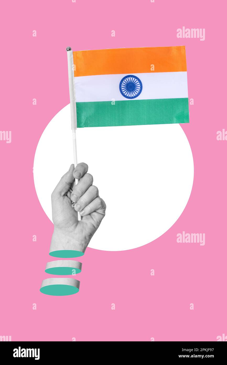 Art collage, Hand with Indian flag on pink background. Concept of ...