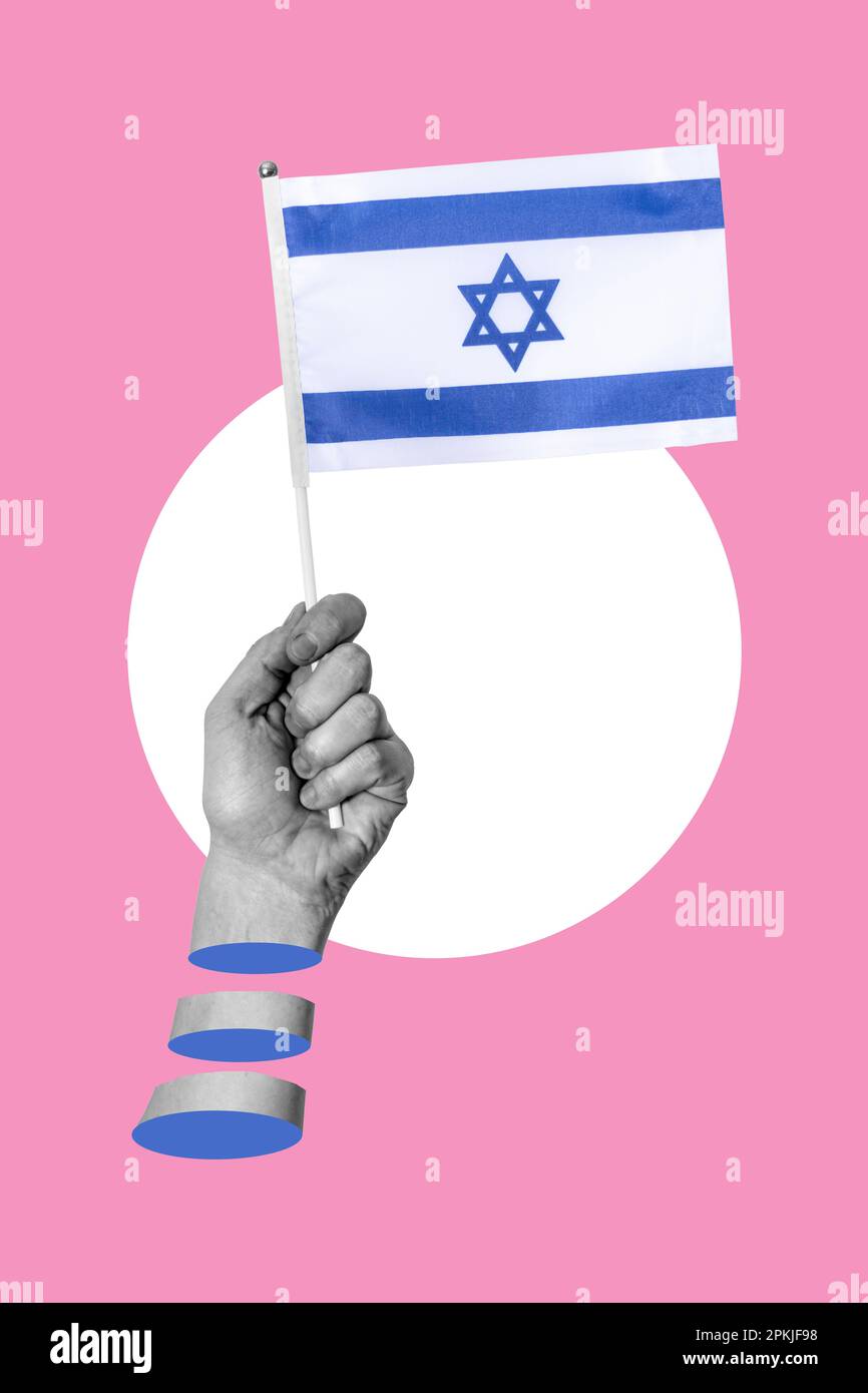 Art collage, Hand with the flag of Israel on a pink background. The ...