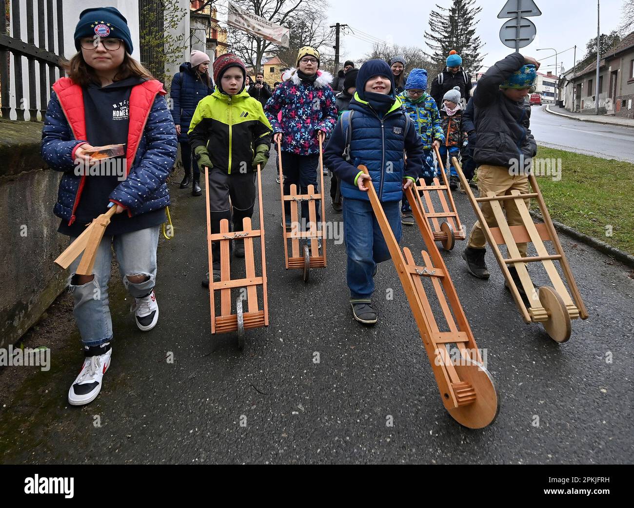 Trebic, Czech Republic. 08th Apr, 2023. Children walk with their ...