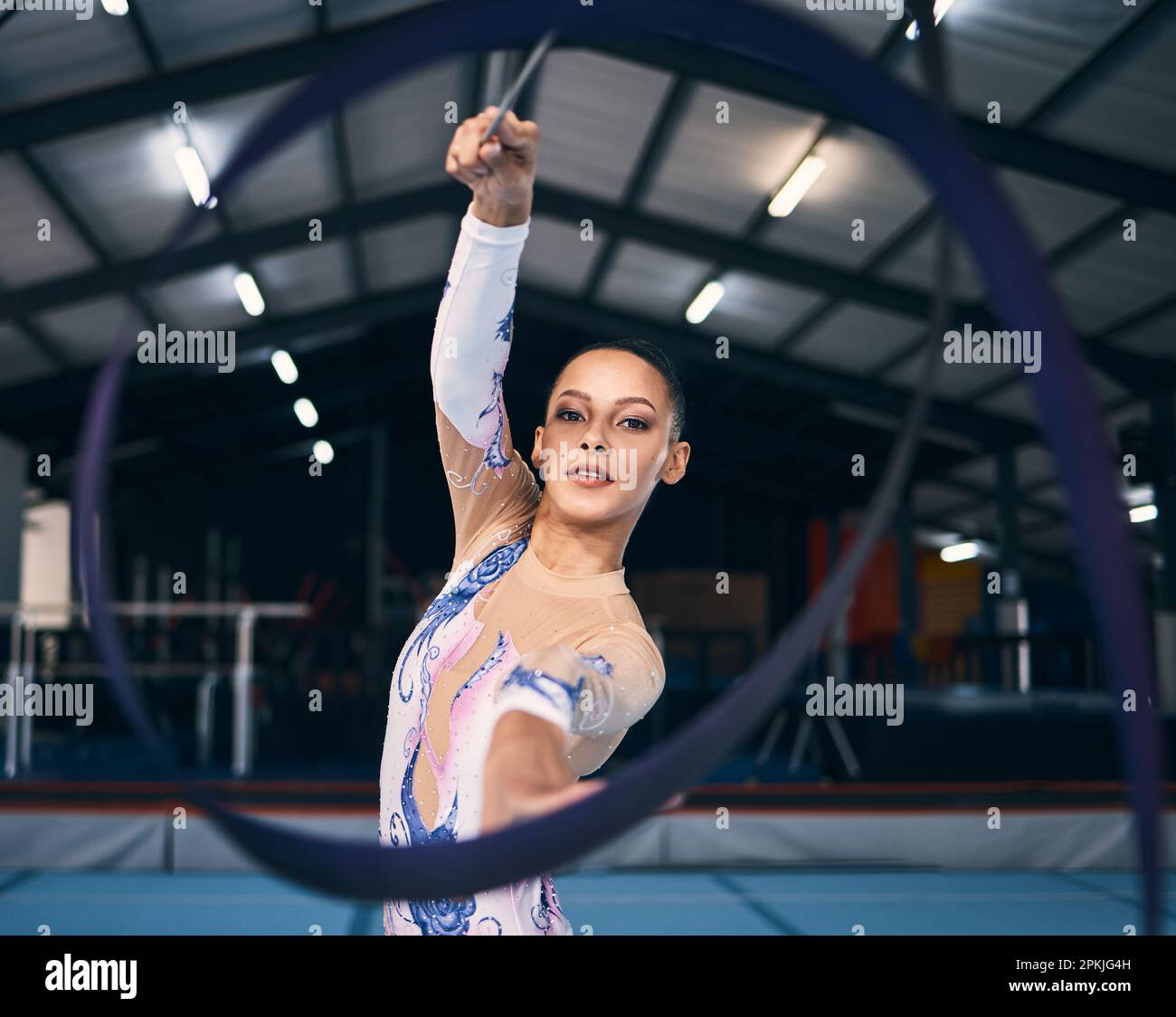 Ribbon, gymnastics and portrait of woman in action, dance performance ...