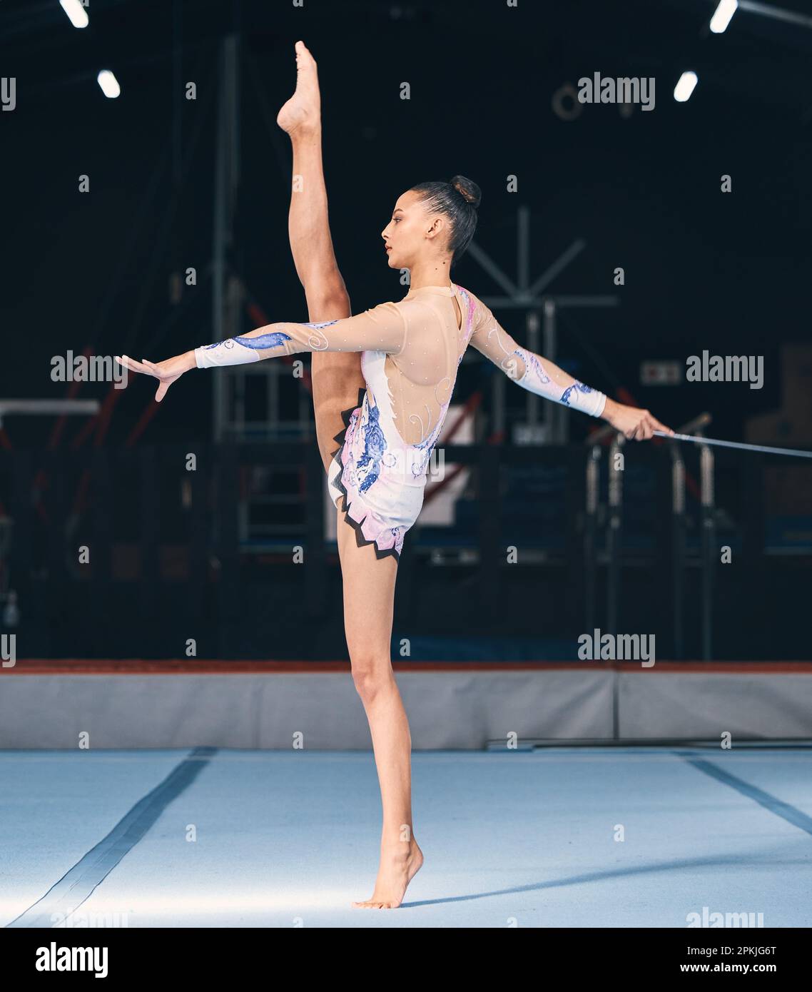 Ribbon, gymnastics and flexible woman in dance performance, balance ...
